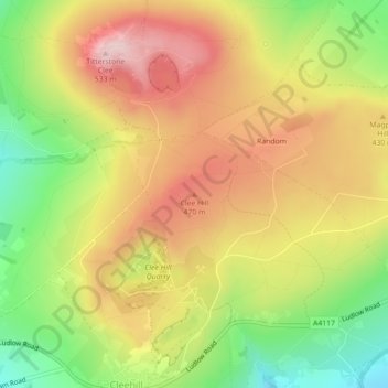 Clee Hill topographic map, elevation, terrain