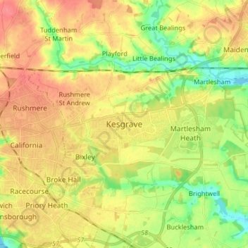 Kesgrave topographic map, elevation, terrain