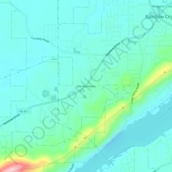 Old Harmony topographic map, elevation, terrain