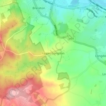 Upper Longdon topographic map, elevation, terrain