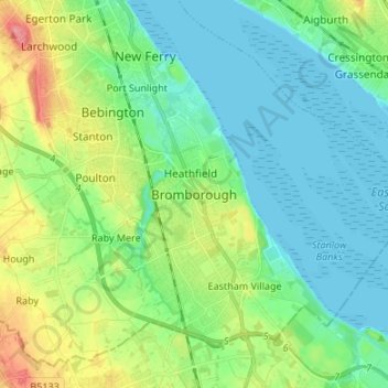 Bromborough topographic map, elevation, terrain
