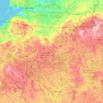Masurian Lake District topographic map, elevation, terrain
