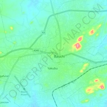 Bauchi topographic map, elevation, terrain
