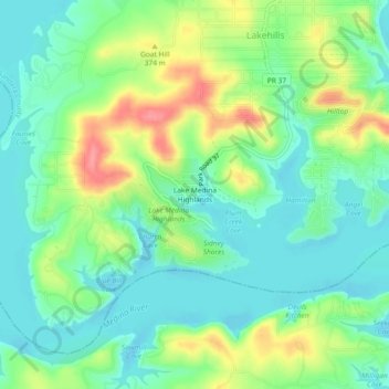 Lake Medina Highlands topographic map, elevation, terrain