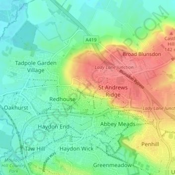 Blunsdon St Andrew topographic map, elevation, terrain