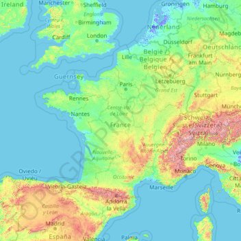 France topographic map, elevation, terrain