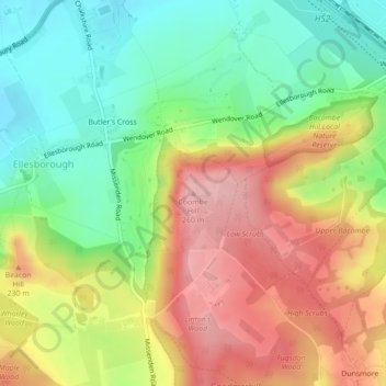 Coombe Hill topographic map, elevation, terrain