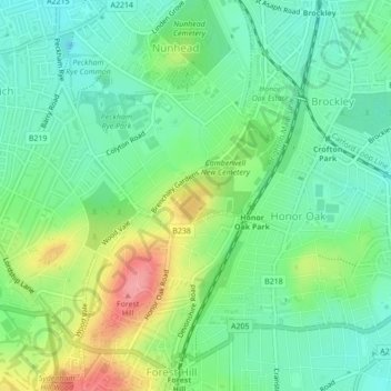 Honor Oak topographic map, elevation, terrain
