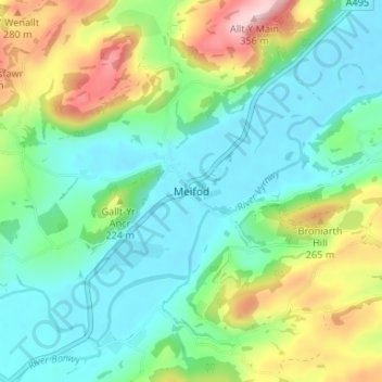 Meifod topographic map, elevation, terrain