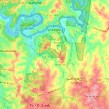 Warrandyte topographic map, elevation, terrain