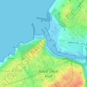 Kasbah des Oudayas topographic map, elevation, terrain