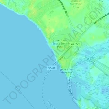 Jamestown Beach topographic map, elevation, terrain