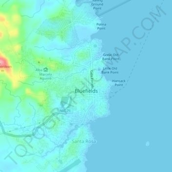 Bluefields topographic map, elevation, terrain