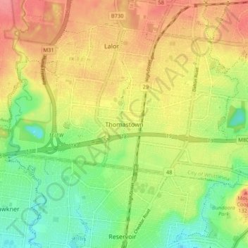 Thomastown topographic map, elevation, terrain