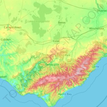 Shire of Colac Otway topographic map, elevation, terrain