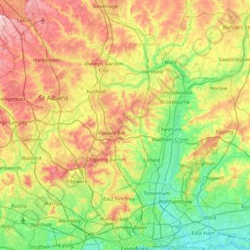 River Lea topographic map, elevation, terrain