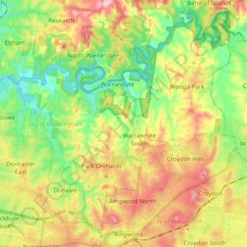 Warrandyte District topographic map, elevation, terrain
