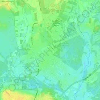 West Moors topographic map, elevation, terrain