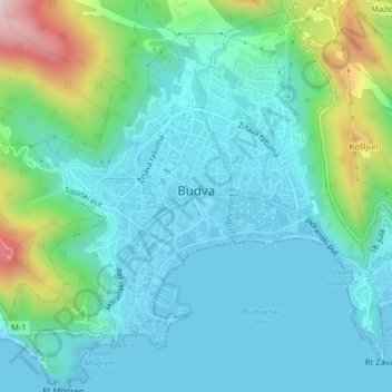 Budva topographic map, elevation, terrain