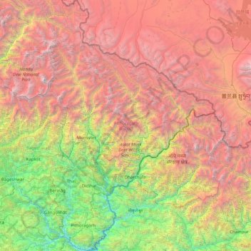 Pithoragarh topographic map, elevation, terrain