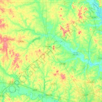 Upshur County topographic map, elevation, terrain