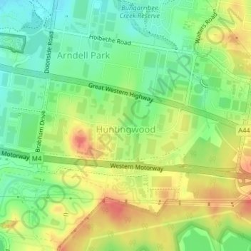 Huntingwood topographic map, elevation, terrain