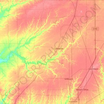 Macoupin County topographic map, elevation, terrain