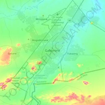Gaborone topographic map, elevation, terrain