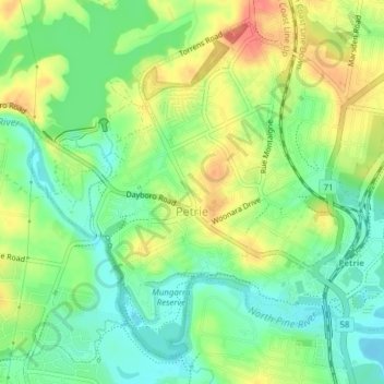 Petrie topographic map, elevation, terrain