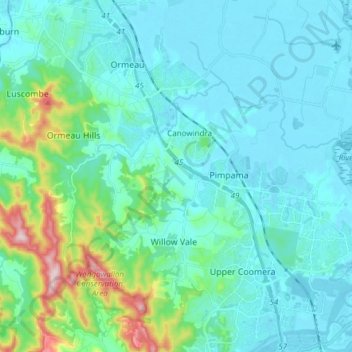 Pimpama River topographic map, elevation, terrain