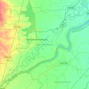 Kattumannarkoil topographic map, elevation, terrain