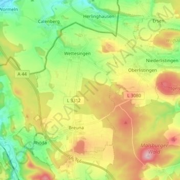 Breuna topographic map, elevation, terrain