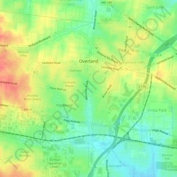Overland topographic map, elevation, terrain