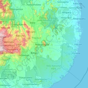 Monaragala District topographic map, elevation, terrain