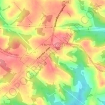 Chest Springs topographic map, elevation, terrain