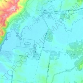 Yering topographic map, elevation, terrain