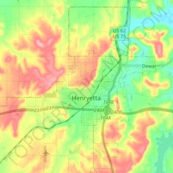 Henryetta topographic map, elevation, terrain