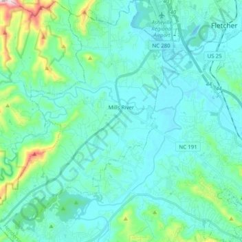 Mills River topographic map, elevation, terrain