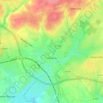 Valognes topographic map, elevation, terrain