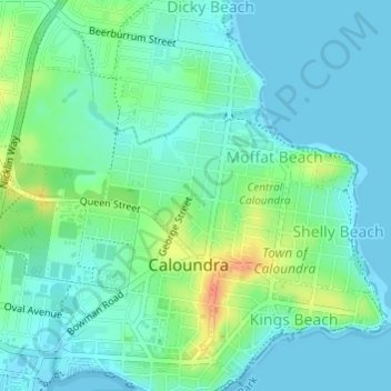 Moffat Beach topographic map, elevation, terrain