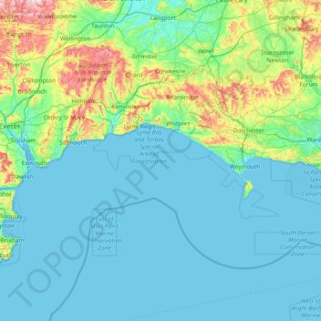 Jurassic Coast topographic map, elevation, terrain