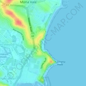 Warriewood Beach topographic map, elevation, terrain