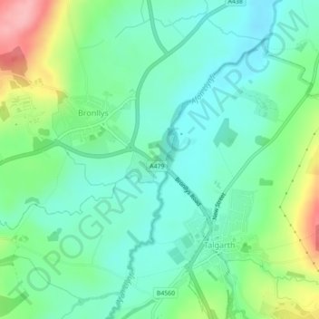 Bronllys Castle topographic map, elevation, terrain