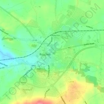 Roscrea Round Tower topographic map, elevation, terrain