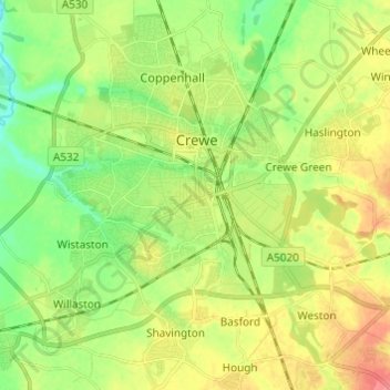 Crewe topographic map, elevation, terrain