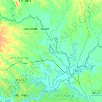 Río Ozama topographic map, elevation, terrain