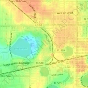 Bonnet Springs Park topographic map, elevation, terrain