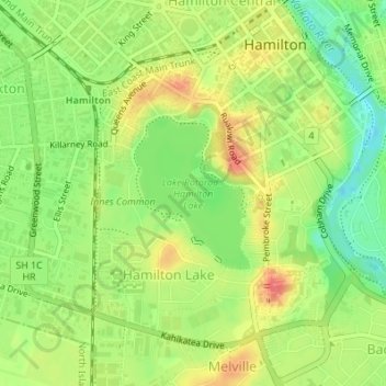 Lake Rotoroa (Hamilton Lake) topographic map, elevation, terrain