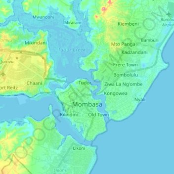 Mombasa topographic map, elevation, relief